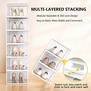 12 Pack XX Large Shoe Organizer Storage Boxes for Closet, Modular Space Saving Shoe Boxes Clear Plastic Stackable Sneaker Containers Display Case with Lids, White