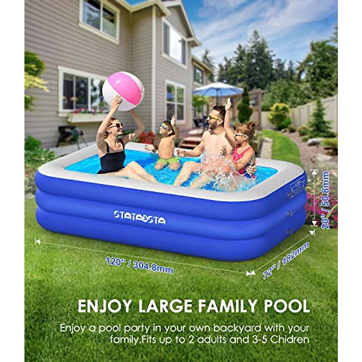 Inflatable Swimming Pool-for Kids & Adults, STATABSTA 120''x72''x22'' Above Ground Pool with Electric Air Pump Full-Sized Family Blow Up Kiddie Pool for Backyard, Garden Backyard Water Party