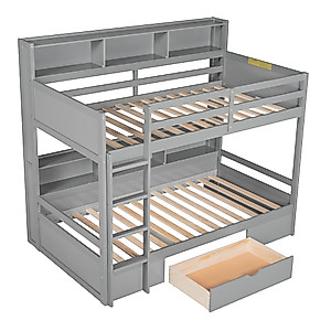 Polibi Twin Over Twin Bunk Bed with Built-in Shelves Beside Both Upper and Down Bed and Storage Drawer, Twin Size Wooden Bunk Bed with Guardrails and Ladder