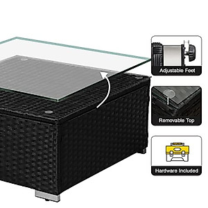 SUNVIVI OUTDOOR 7 Piece Patio Furniture Set, All-Weather Black Wicker Couch Sofa with Glass Coffee Table, Washable Navy Blue Cushions