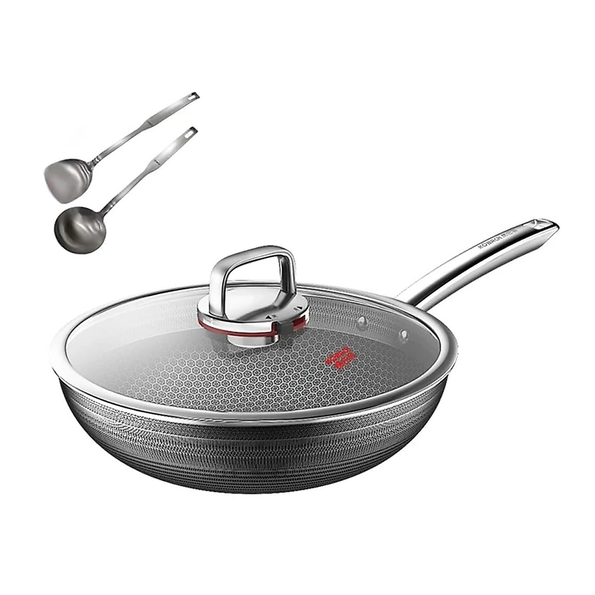 KBH KGH-C32A Nonstick Frying Pan with Lid, Honeycomb Stainless Steel Wok, Suitable for All Cooktops, 32 CM(12.6 INCH)