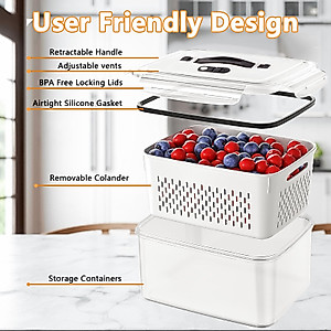 HOMEEE 4 Pack Large Airtight Fridge Food Organizer Containers, Fruit and Vegetable Storage Containers with lids, Portable Outdoor Picnics Food Storage with Removable Colanders(4.15L+3.15L+1.7L+0.8L)