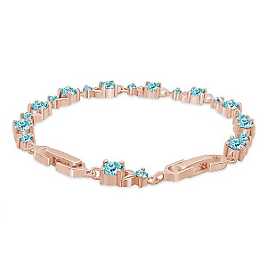 AFFY 14k Rose Gold Over Sterling Silver Leaf Shape Tennis Bracelet Round Shape Simulated Aquamarine 7.25"