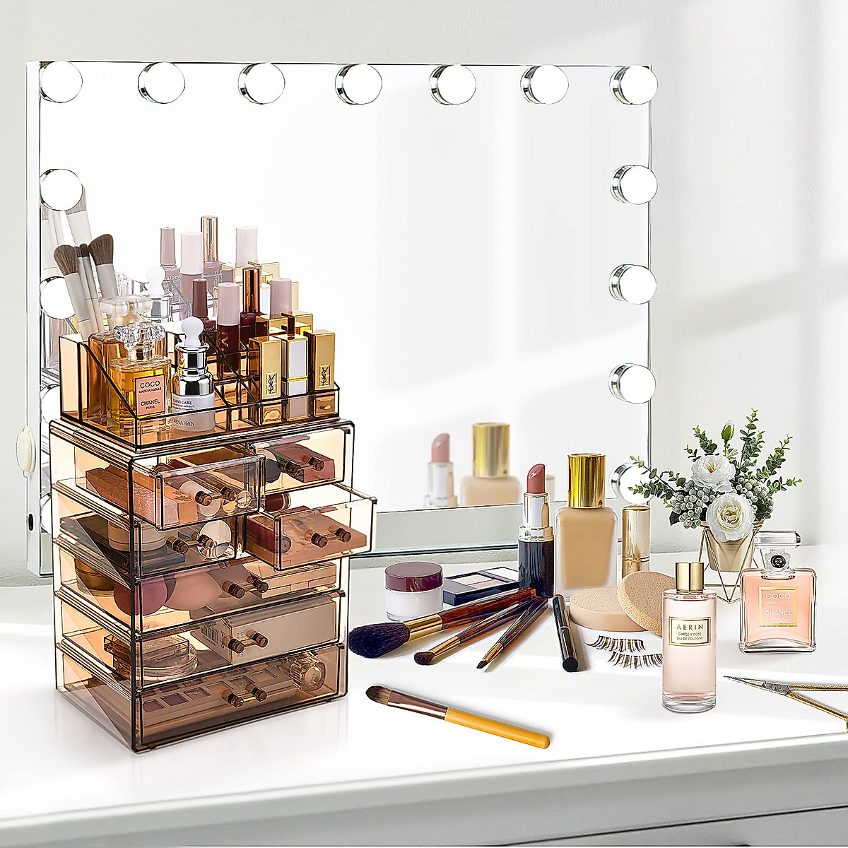 COMVTUPY Clear Makeup Organizer with Brush Holder, Large Acrylic Cosmetic Display Jewelry & Make Up Organizers and Storage for Vanity, Bathroom (3 Large, 4 Small Drawers, Brown)