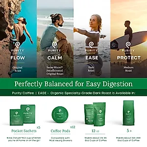 Purity Coffee EASE Dark Roast Low Acid Organic Coffee - USDA Certified Organic Specialty Grade Arabica Whole Bean Coffee - Third Party Tested for Mold, Mycotoxins and Pesticides - 12 oz Bag