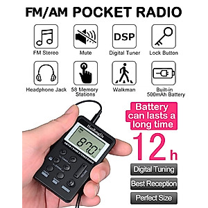 HanRongDa Portable Radio AM/FM Walkman with Excellent Reception and Stereo Sound, Pocket Radios with 58 Preset Stations, Built-in 500mAh Battery for Walking, Jogging, Mowing and Traveling HRD-103