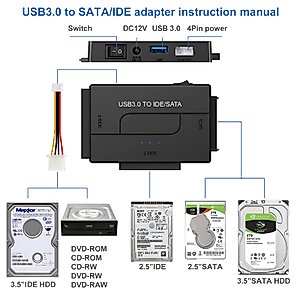 USB 3.0 to SATA IDE Hard Drive Reader, YINNCEEN External Hard Drive Ultra Recovery Converter Universal Hard Drive Adapter Kit for 2.5/3.5 HDD/SSD Hard Drive Disk, Include 12V/2A Power Adapter