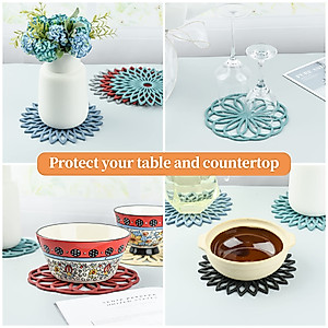 Kalsreui Trivets for Hot Dishes, Silicone Trivet Hot Pads for Kitchen Counter, Carved Silicone Trivets for Hot Pots and Pans, Heat Resistant Mat for Quartz, Teal Round Silicone Trivets Mats Pack 6