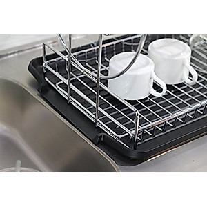 Deluxe Chrome-plated Steel 2-Tier Dish Rack with Drainboard/Cutlery Cup (BlackII)