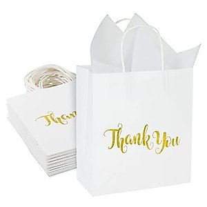 Juvale 15 Pack White Thank You Paper Gift Bags with Handles, Tissue Paper for Wedding, Baby Shower, Birthday Party Favors (8 x 4 x 8.8 In)