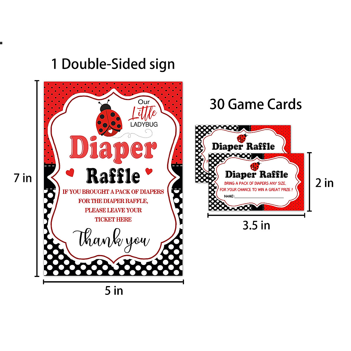 Diaper Raffle Baby Shower Game, 1 Standing Sign and 50 Tickets, Ladybug Theme Gender Neutral For Boys or Girls, Bring A Pack of Diapers for Mom-To-Be, (026)