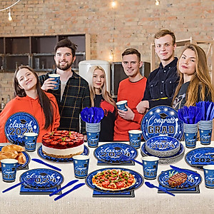 LELEMON Graduation Party Supplies Serves 25 Graduation Party Blue Class of 2024 Tableware Disposable Dinner Plates Dessert Plates Napkins Knife Fork Spoon for Congrats Grad Party Decorations