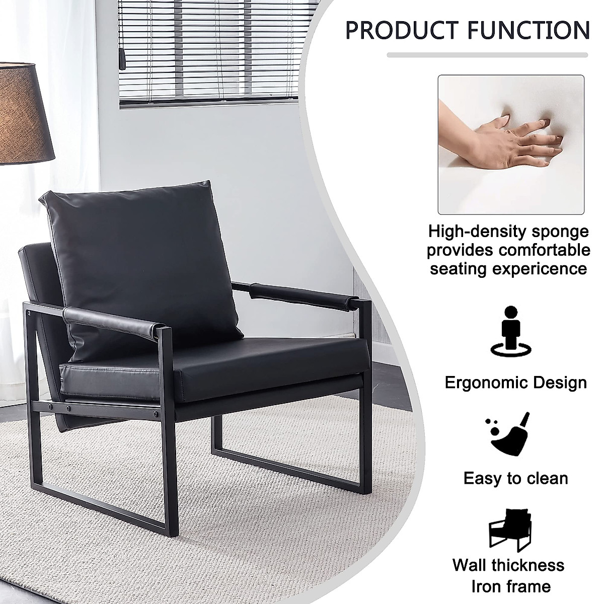 Dvasovio Leather Accent Chair Mid-Century Modern Upholstered Armchair with Metal Frame Extra-Thick Padded Backrest for Office Bedroom Living Room Chair, Black