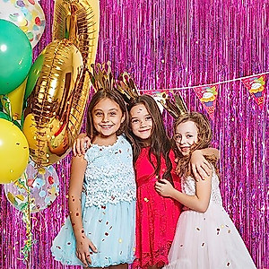 Hot Pink Metallic Tinsel Foil Fringe Curtains, 2 Pack 3.3x8.3 Feet Streamer Backdrop Curtains for Birthday Party Decorations, Halloween Decor, Foil Curtain Backdrop for Bachelorette Party