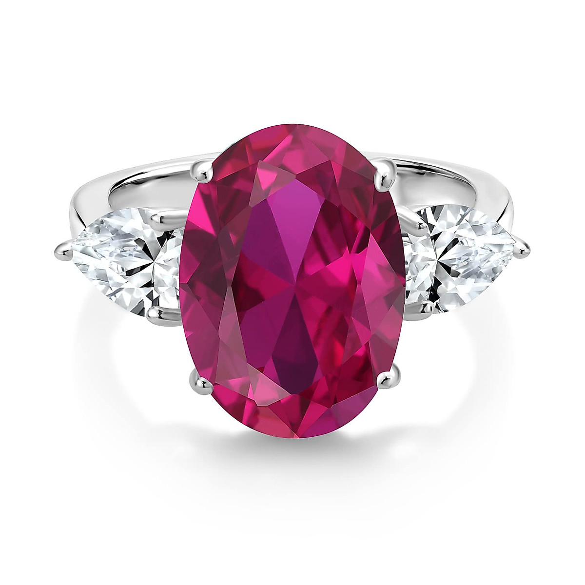 Gem Stone King 925 Sterling Silver Red Created Ruby and White Created Sapphire Ring For Women (5.00 Cttw, 14X10MM Oval and 7X5MM Pear Shape, Gemstone July Birthstone, Available In Size 5, 6, 7, 8, 9)