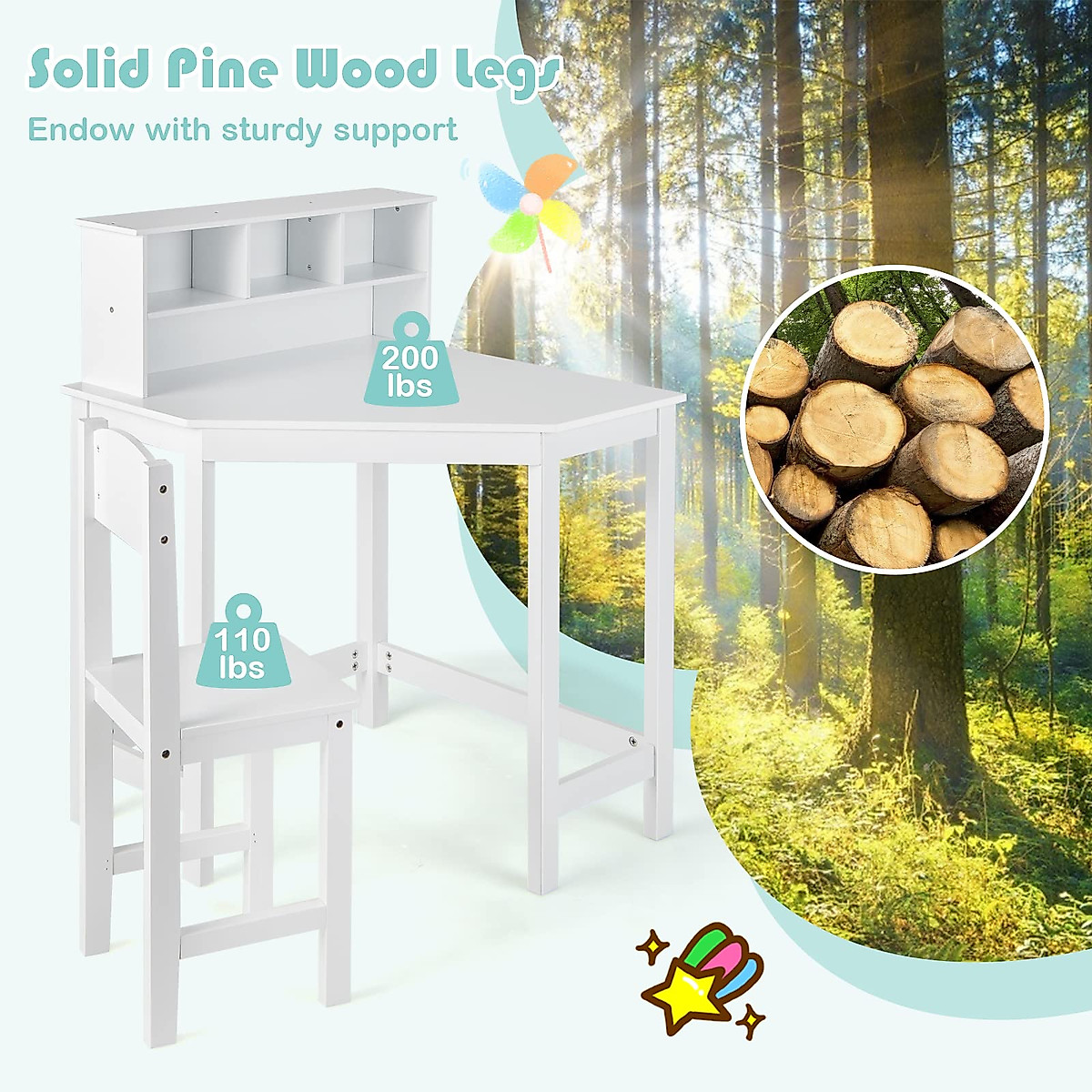 Costzon Kids Desk and Chair Set, White Corner Desk with Hutch for Small Space, Bedroom, Children School Study Table, Student Computer Workstation, Space Saving Writing Desk for Kids