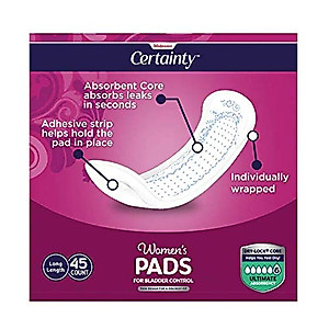 Walgreens Certainty Women's Bladder Control Pads Long Length Made for Your Naturally Soft Skin Thin Design for a Discreet fit 45 Pads