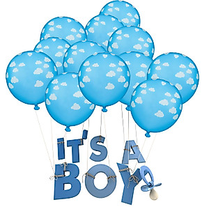 36 Pieces Blue Cloud Latex Balloons Mid Blue with Clouds Matte Balloons 12 Inches Cloud Print Light Blue Balloons for Baby Shower Boys Girls Birthday Party Supplies