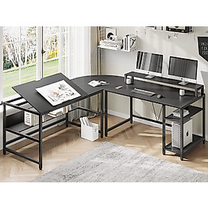 SEDETA L Shaped Computer Desk with Hutch, Drafting Drawing Table for Artists, 68.9 inches Corner Computer Desk for Home Office, Workstation Table with Monitor Stand Riser and Tiltable Desktop, Black