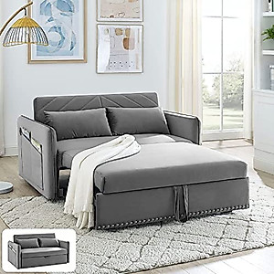 ERYE 3-in-1 Loveseat Futon Sofa Convertible Queen Size Pull Out Sleeper Couch Bed & Reclining Backrest for Living Room Furniture Sets Sofabed, Gray Twin Velvet 2 Pillows Side Pockets USB Port
