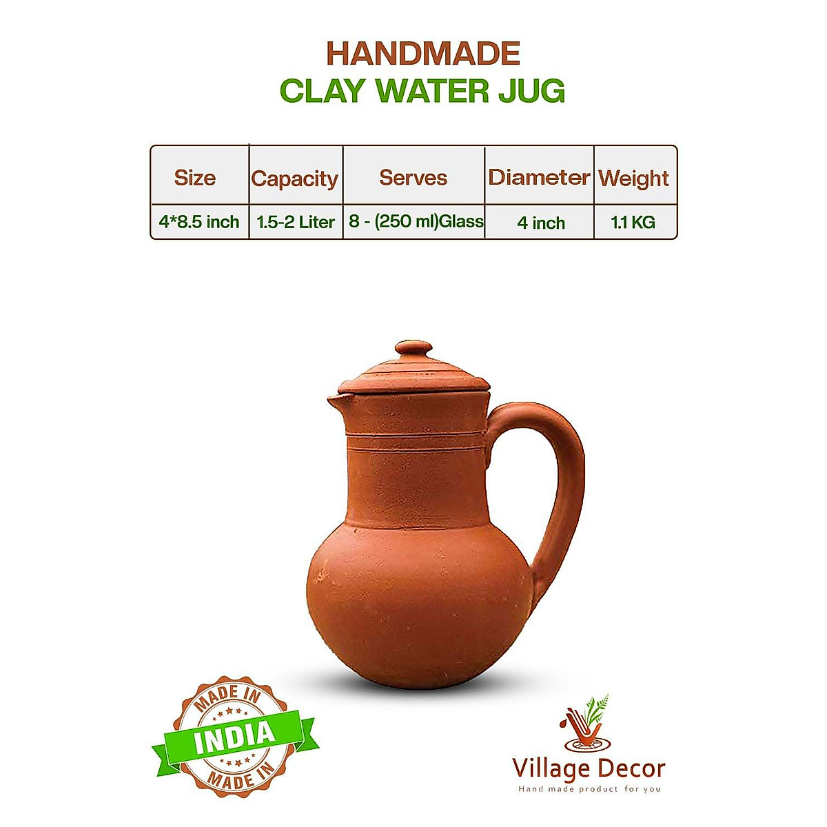 Village Decor Handmade Clay Water Jug With Lid | Carafes Pitcher Capacity 67 oz 2000 ml.