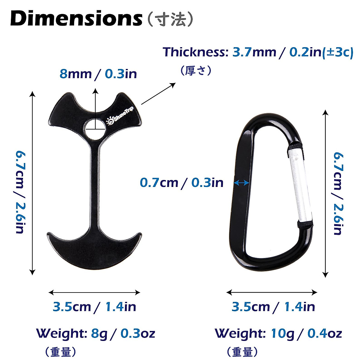 TRIWONDER Fish Bone Nails with Carabiner Clips, Deck Plank Road Camping Rope Buckle Tent Windproof Rope Fishbone Stakes Cord Hook Aluminum Anchor Buckle (Black Nails + Carabiners - 6Pcs)