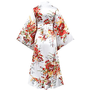 Japanese Anime Women's Kimono Robe Geisha Yukata Sweet Tuxedo Ruffle Dress Blossom Satin Bathrobe Sleepwear Fans Tabi Socks Set White S