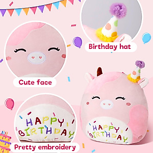 CozyWorld Light up Musical Happy Birthday Cow Plush Pillow,LED Stuffed Animals,Pink Cow Glowing Singing Plush Toy,Cute Plushie Doll Birthday Gift for Toddler Boys Girls,14''