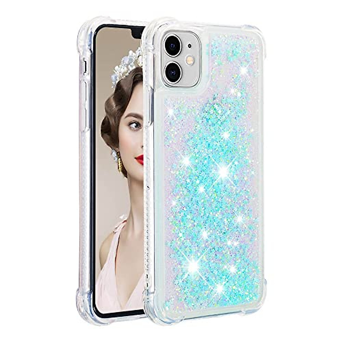 Phone Case Cover Glitter Case Compatible with iPhone 11 Case Compatible with Women Girls Girly Sparkle Liquid Luxury Floating Quicksand Transparent Soft TPU Phone Case Bags Sleeves (Color : Light blu