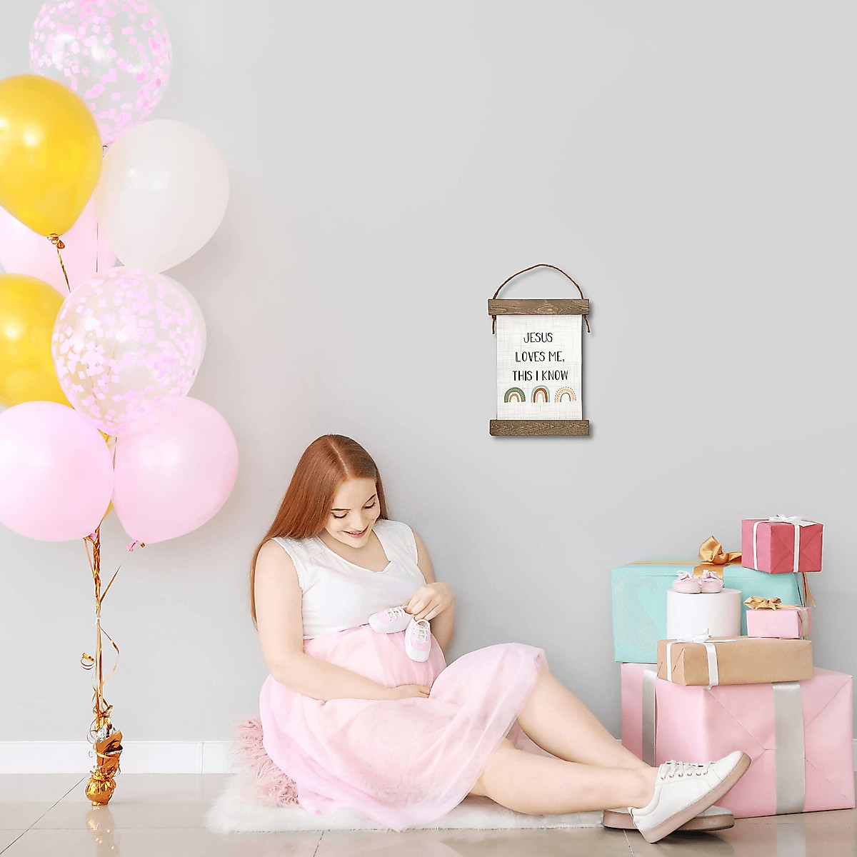 Kingdom Quality Jesus Loves Me This I Know Hanging Canvas - Give Me Jesus, Ten Commandments for Kids, Boho Rainbow Nursery Decor