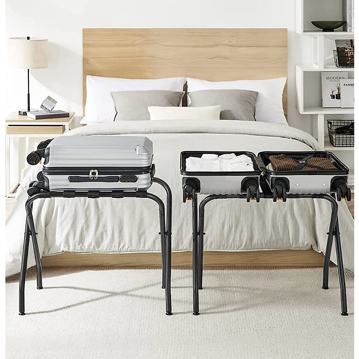 TRAVEL4D 2 Pack Luggage Racks Black Suitcase Stand for Bedroom 2 Foldable Suitcase Holders Heavy Duty Luggage Rack for Guest Room