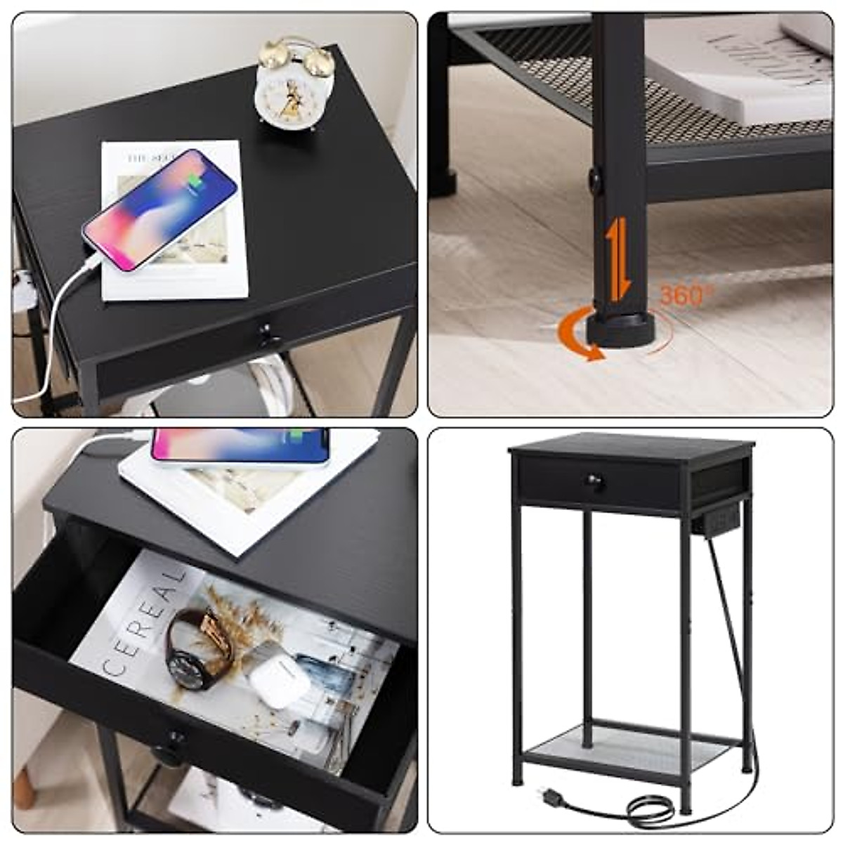 AMHANCIBLE Tall Night Stand, Nightstands Set of 2 with Charging Station, End Side Tables with Fabric Drawer and Shelf, Telephone Table for Living Room, Small Spaces, Black HETT03BK