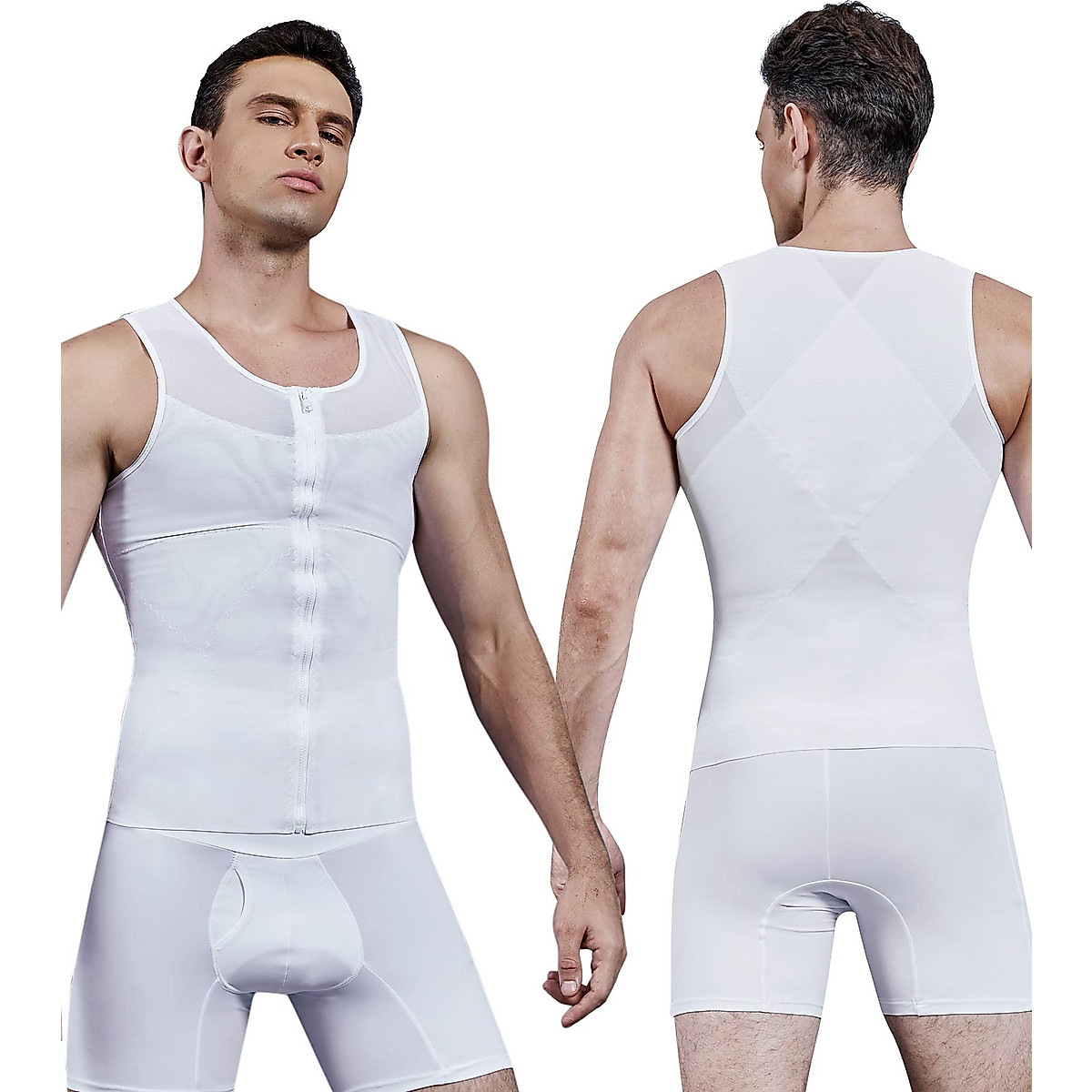 Vaslanda Men Slimming Body Shaper Vest Chest Compression Shirt Tight Undershirt Shapewear Tank Top Moobs Binder Zipper White