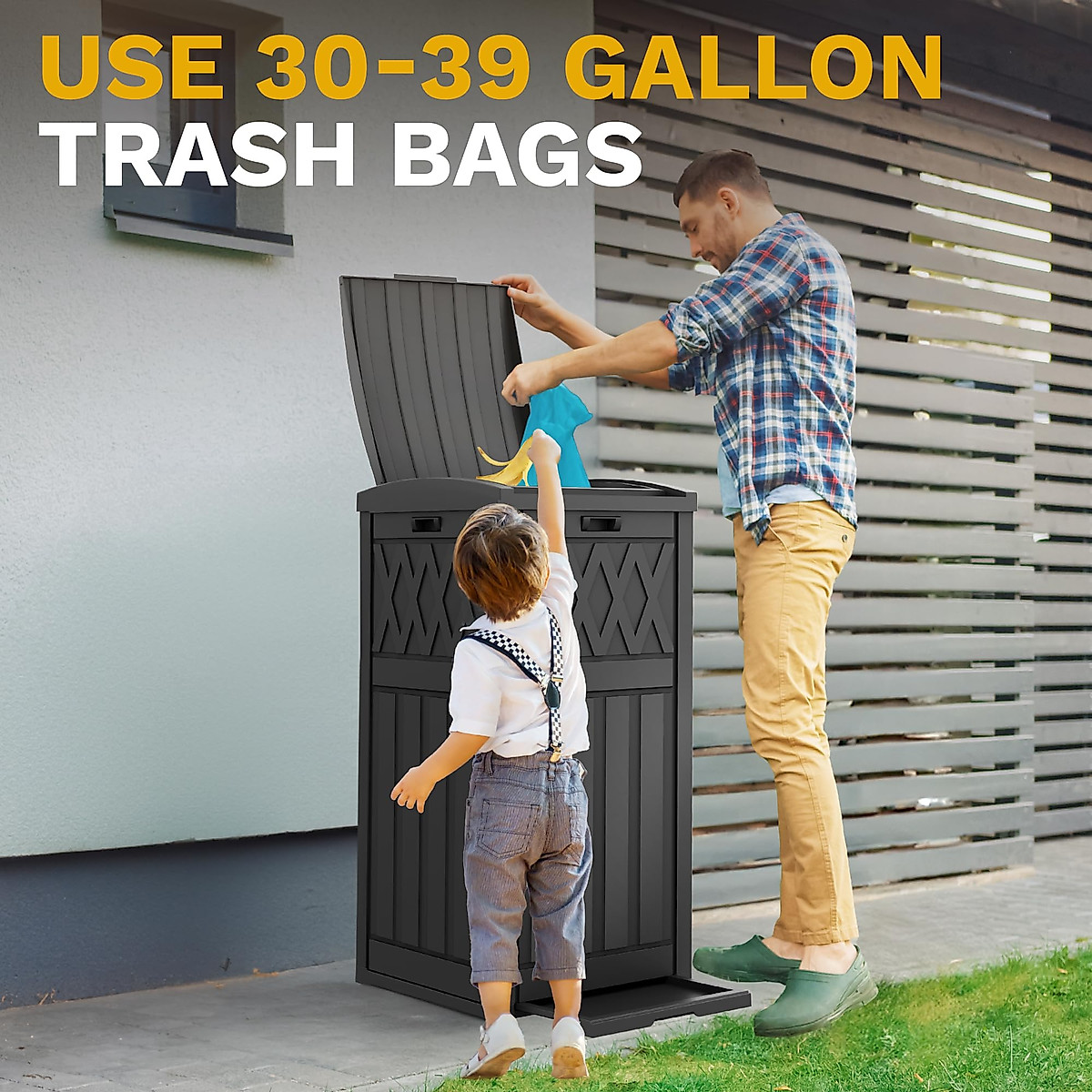 DWVO 33 Gallon Outdoor Trash Can with Tiered Lid and Drip Tray, Waterproof Resin Garbage Can for Patio, Kitchen, Deck and Backyard - Black