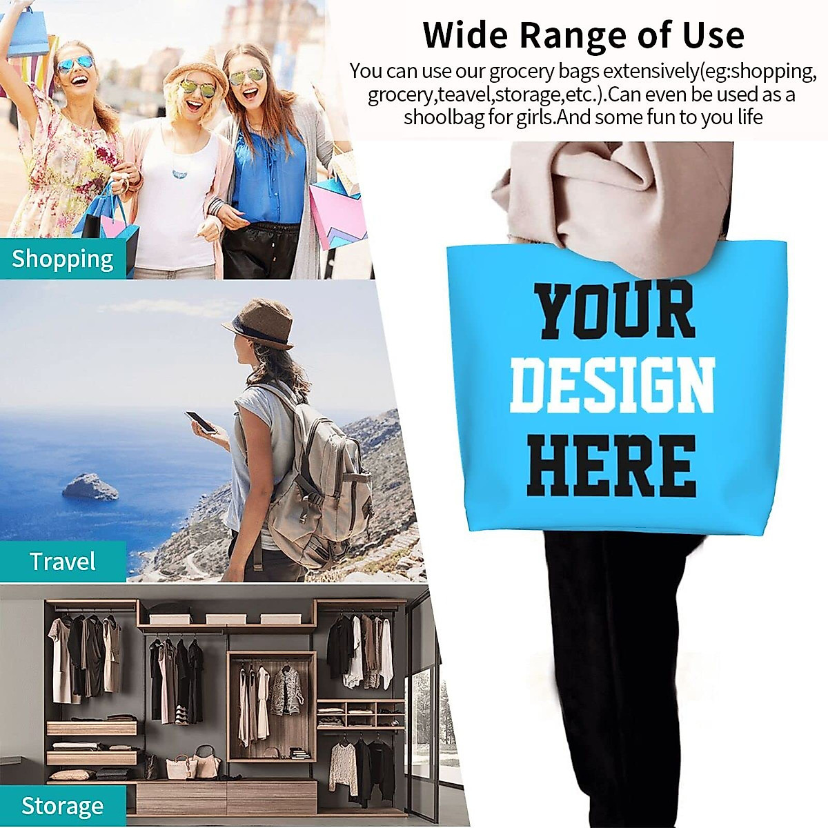 Custom Tote Bags With You Team Logo Text Picture Personalized Tote Bag Travel Business Shopping Women Teacher Blue Personalized Shoulder Bag, One Size