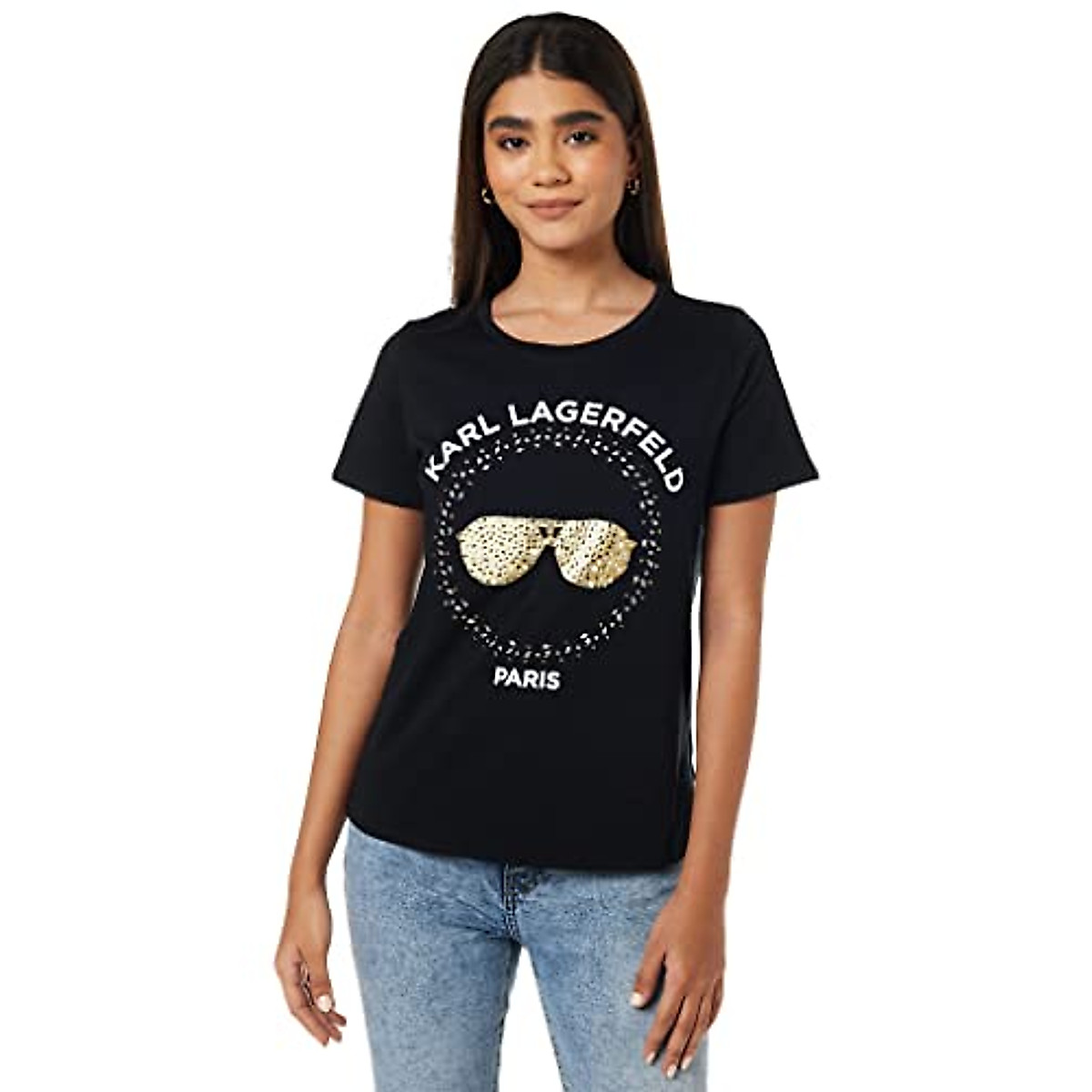 Karl Lagerfeld Paris womens Short Sleeve Sequin Sunglass Tee T Shirt, Sequin Sunglass Black, Medium US