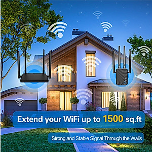 Wireless Signal Booster up to 1500 Sq.ft, 2.4 & 5GHz Dual Band Amplifier with Ethernet Port, 4 Antennas 360° Coverage Extend WiFi Signal to Smart Home