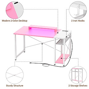 armocity Computer Desk with LED, Gaming Desk with Outlets, 40 Reversible Laptop Table with Monitor Stand, Small Desk for Small Spaces, Pink