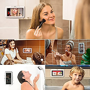 URROY Shower Phone Holder Waterproof Anti Fog 480° Rotatable Bathroom Phone Mirror Wall Mount Guardian Case Shelf Stand for Bathtub Kitchen Universal Shower Accessories for All Cell Phone Up to 6.8"