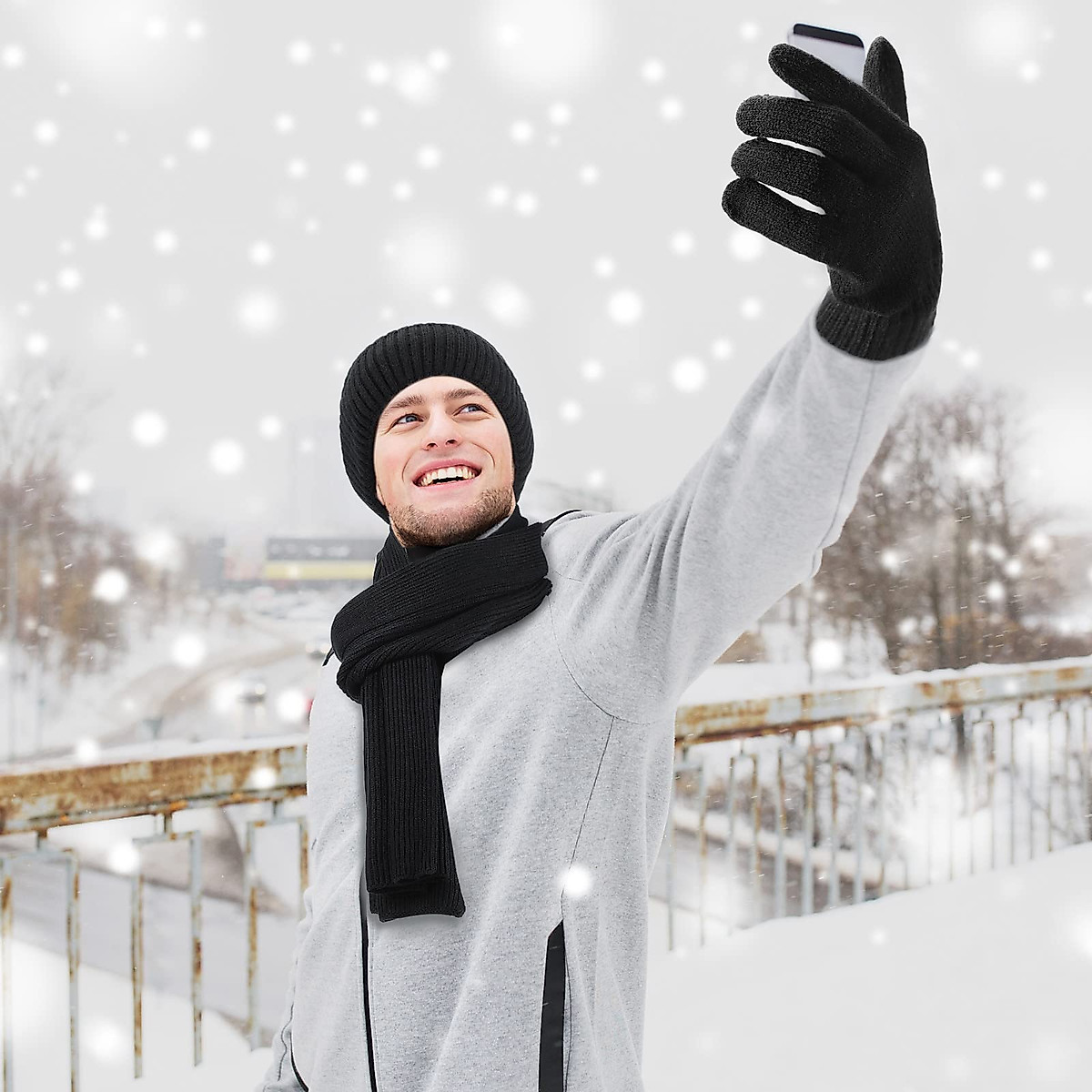 Winter Beanie Hat Gloves Scarf Set for Men, Warm Fleece Knitted Hat Scarf Touchscreen Gloves and Wool Socks (Black)