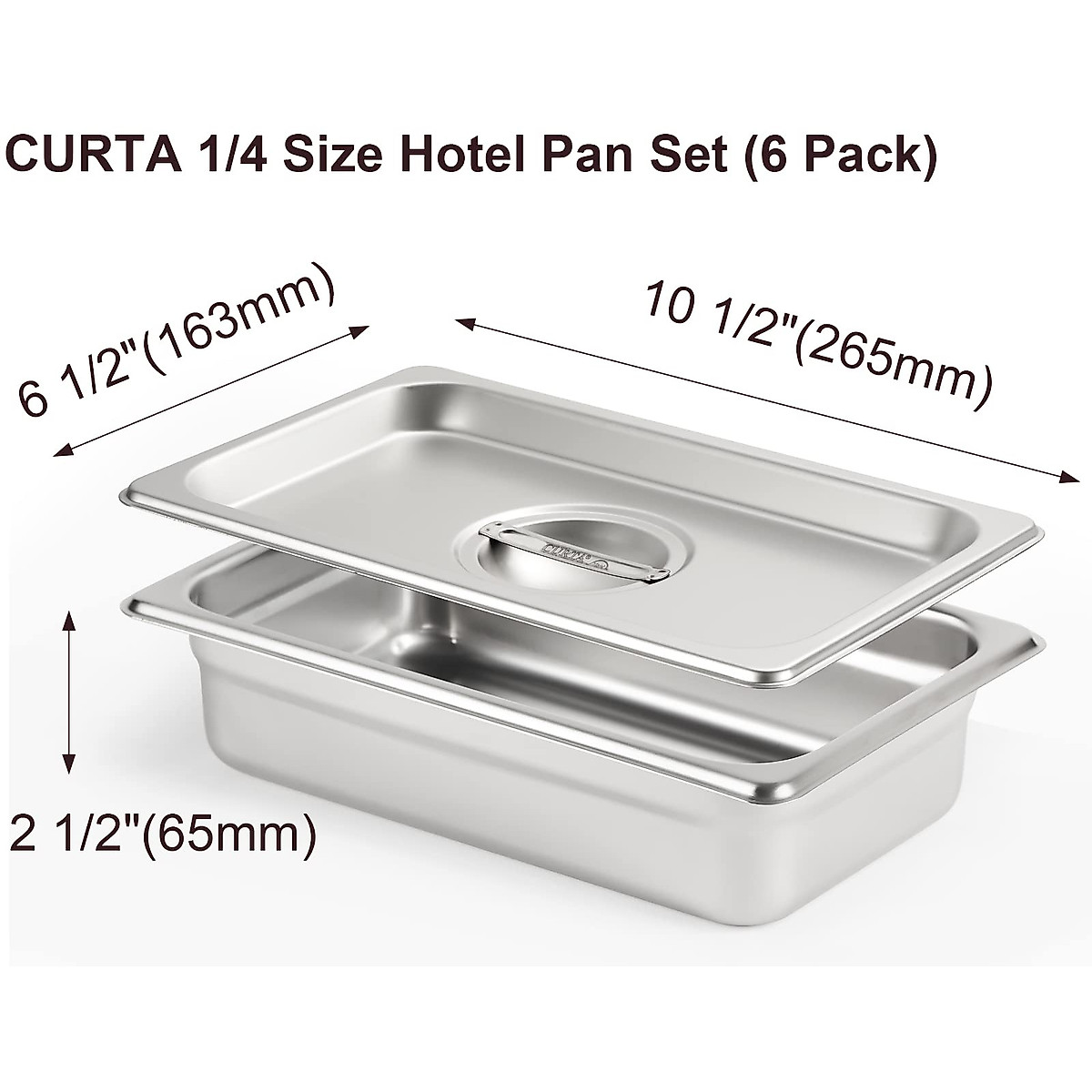 CURTA 6 Pack Anti-Jam Hotel Pans with Lids, 1/4 Size 2 1/2 Inch Deep, NSF Commercial 18/8 Stainless Steel Chafing Steam Table Food Pan with Covers
