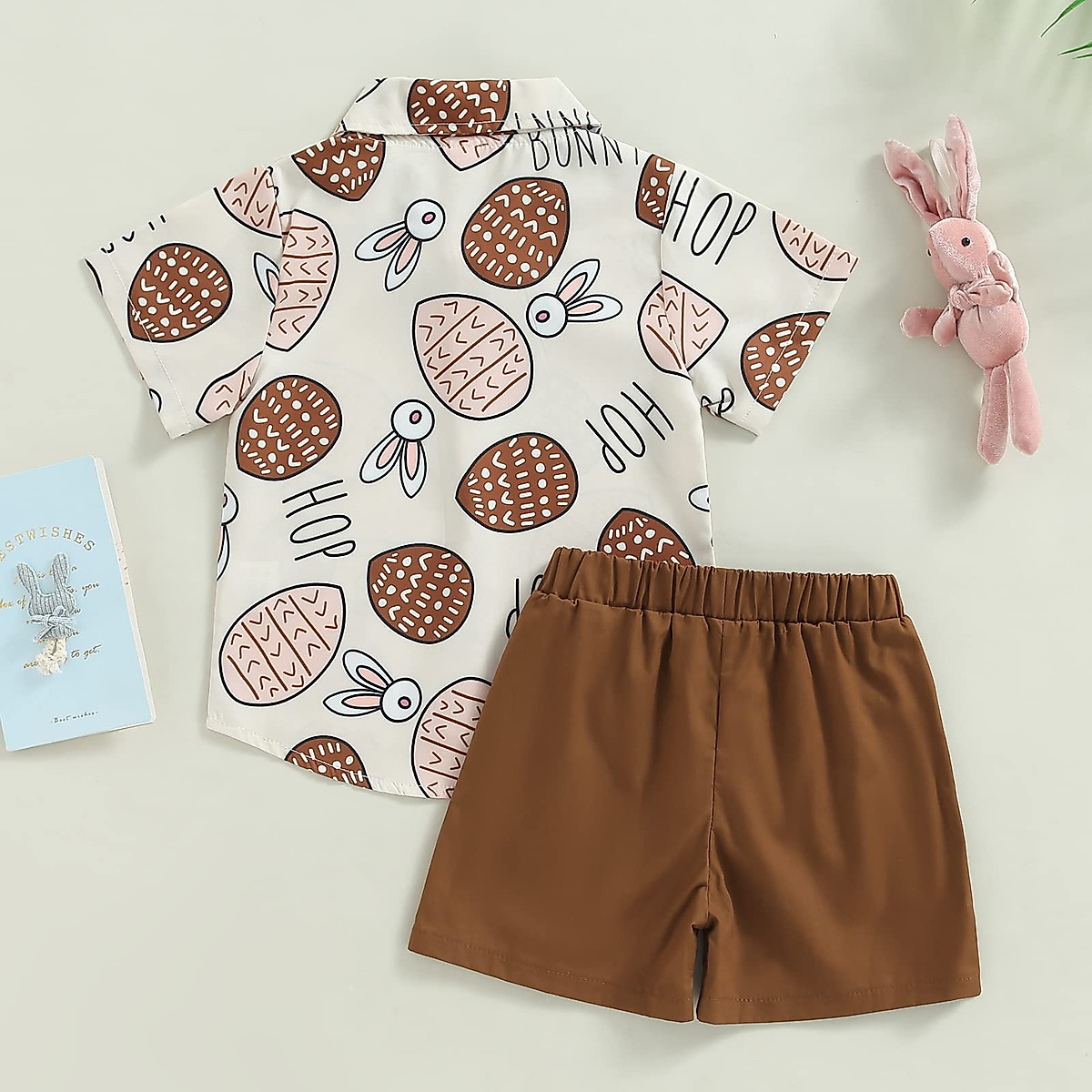 Xiaodriceee Toddler Baby Boy Easter St.Patrick's Day Outfit Short Sleeve Button Shirt Shorts Set Fashion Boys Summer Clothes (Easter Egg Brown,12-18 Months)