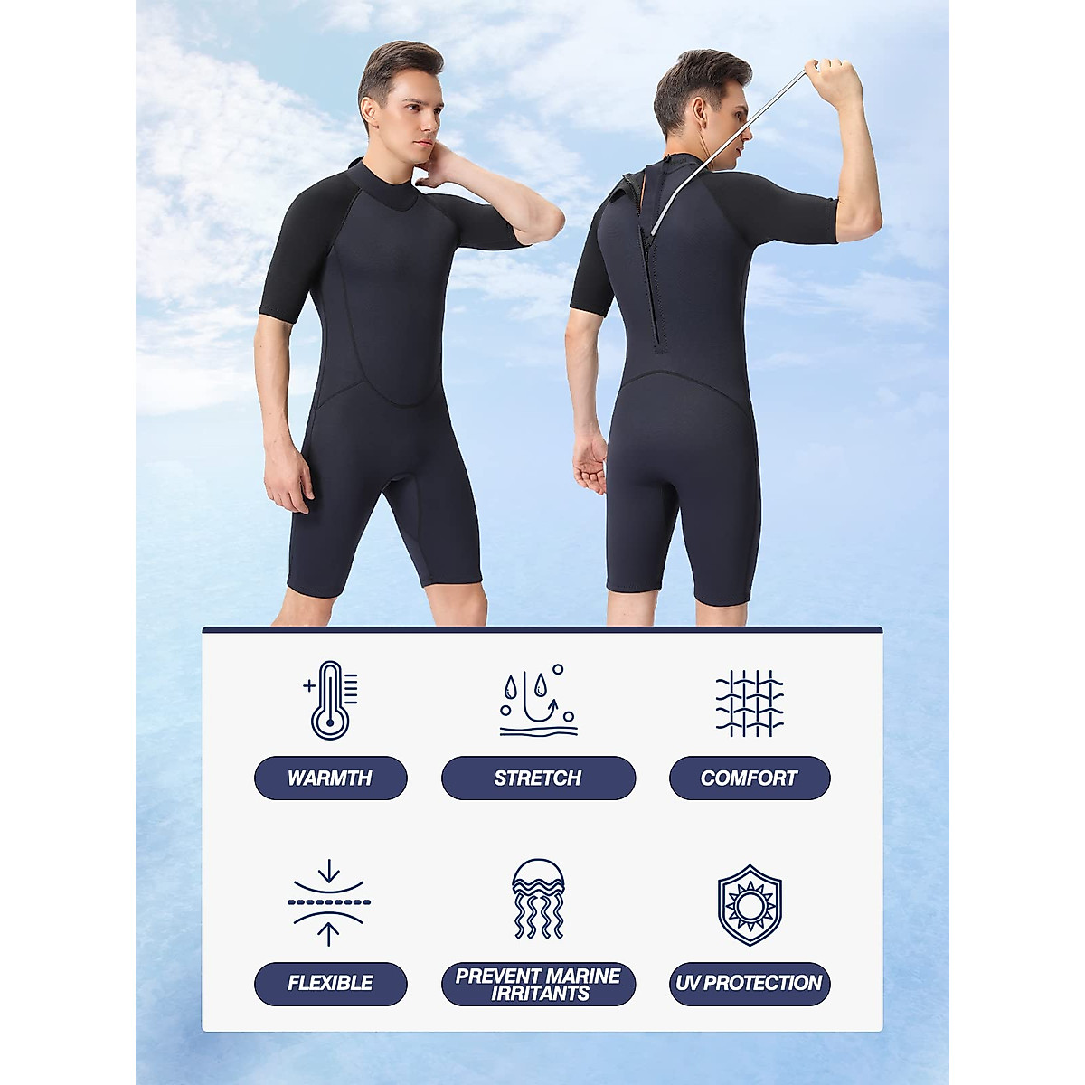 Shorty Wetsuit Men,2mm Neoprene Short Sleeves Wet Suits Back Zip, 1.5mm Shorty Surf Suit Keep Warm in Cold Water for Snorkeling Kayaking Boarding(Dark Blue 2mm,XX-Large)