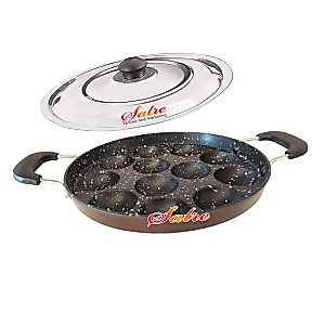 Satre Online And Marketing Non Stick Aluminium Appam Pan with Steel Lid, 12 Pits, Black & Silver