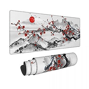 Japanese Sakura Cherry Blossom Mouse Pad XXL Full Desk Mousepad Extended Large Non-Slip Rubber Base Big Keyboard Mat with Stitched Edges for Gaming and Office（31.5 X 11.8 Inch 3mm）