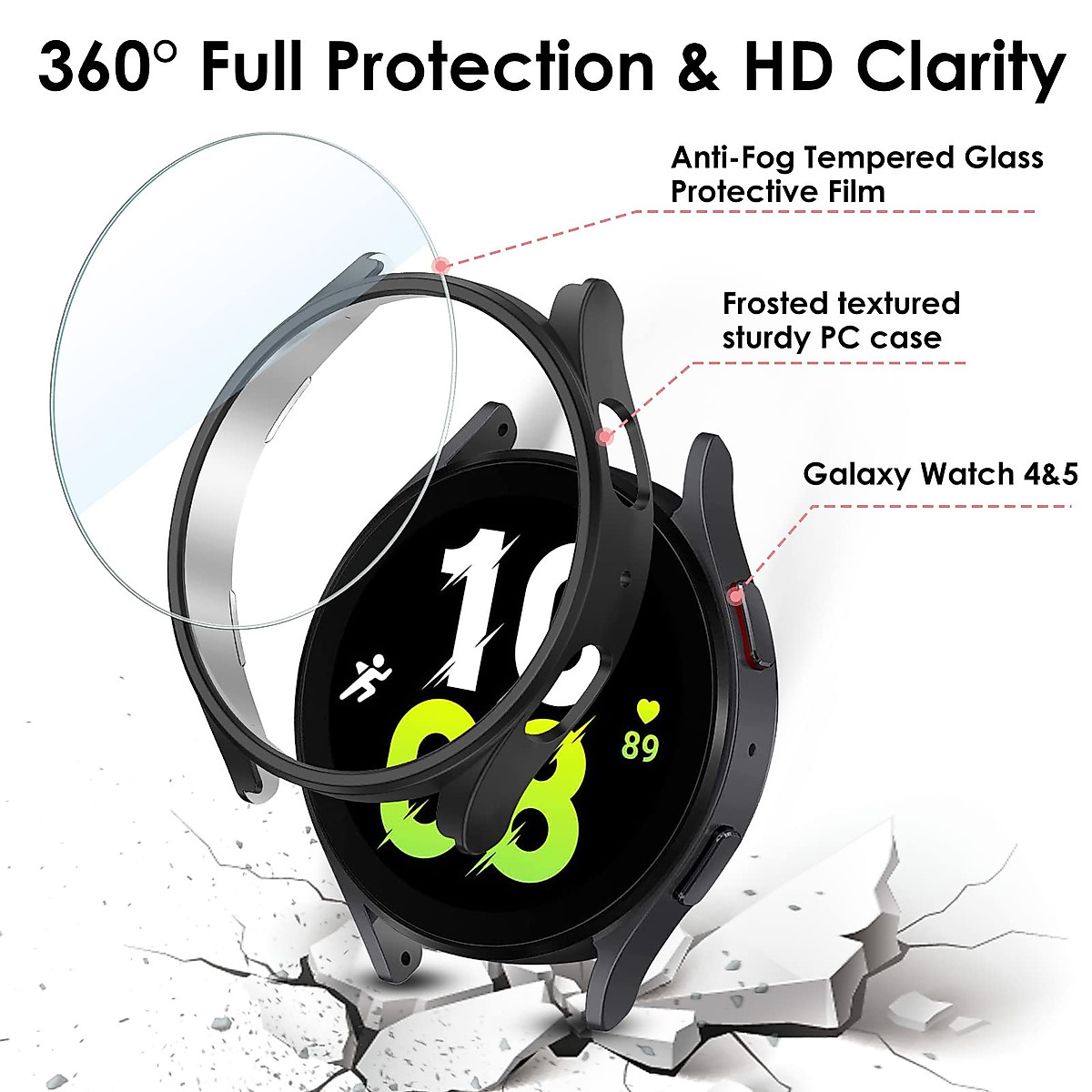 KIMILAR [5+5 Pack Galaxy Watch FE/Galaxy Watch 5/Galaxy Watch 4 Screen Protector Case 44mm, Anti-Fog Tempered Glass and Hard PC Protective Bumper Compatible with Samsung Galaxy Watch FE/5/4 44mm