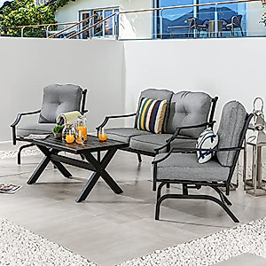 LOKATSE HOME 4 Pieces Outdoor Conversation Furniture Bistro Metal Seating Patio Armchairs Loveseat Set with Cushion & Coffee Table, 4 pcs Chair, Grey
