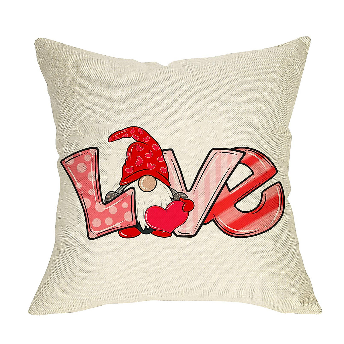 Softxpp Gnome Decorative Throw Pillow Cover, Valentine’s Day Cushion Case Pink Love Heart Sign, Anniversary Wedding Home Spring Decorations Pillowcase Decors for Sofa Couch 18 x 18 Cotton Linen