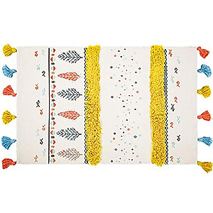 Kingrol 2' x 3' Bright Area Rug, Tufted Cotton Throw Rug with Tassel - Spring Home Decor for Nursery Kitchen Living Room Bedroom Bathroom Laundry Room, Yellow/Beige
