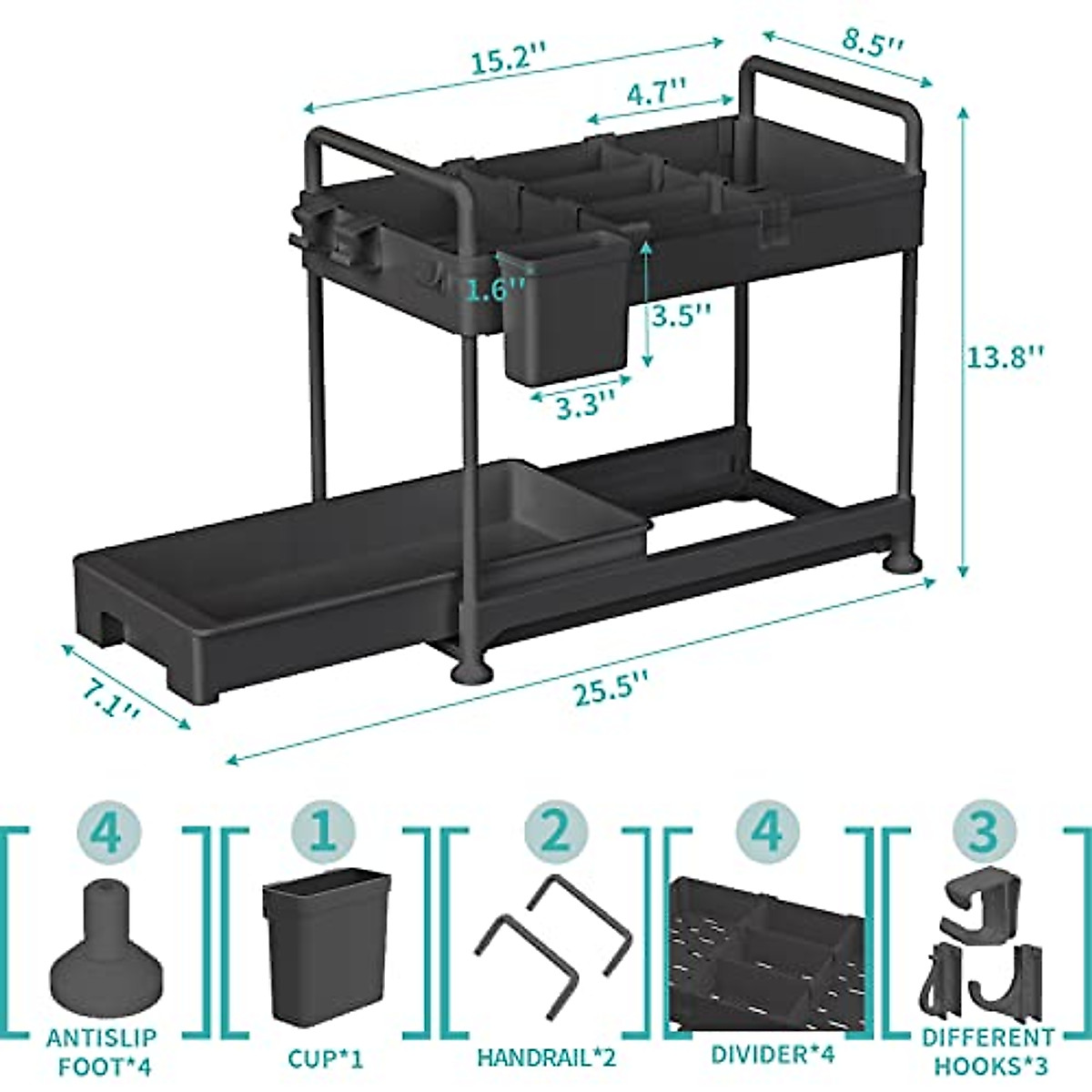 SAMODRA Under Sink Organizers and Storage, Kitchen Storage Rack 2 Tier Drawer Pull-able Cabinet Basket Organizer Bathroom Storage Rack with Hooks, DIY Removable Dividers -Black